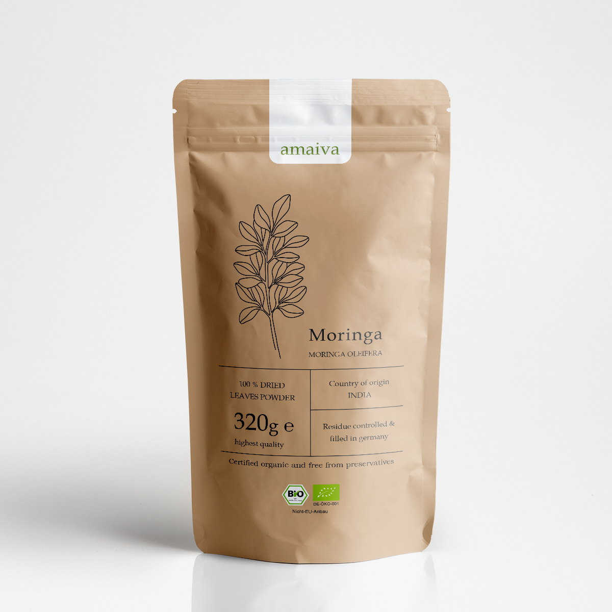 Bio Moringa Pulver (320g) aus Indien. 99,9% Reinheit.